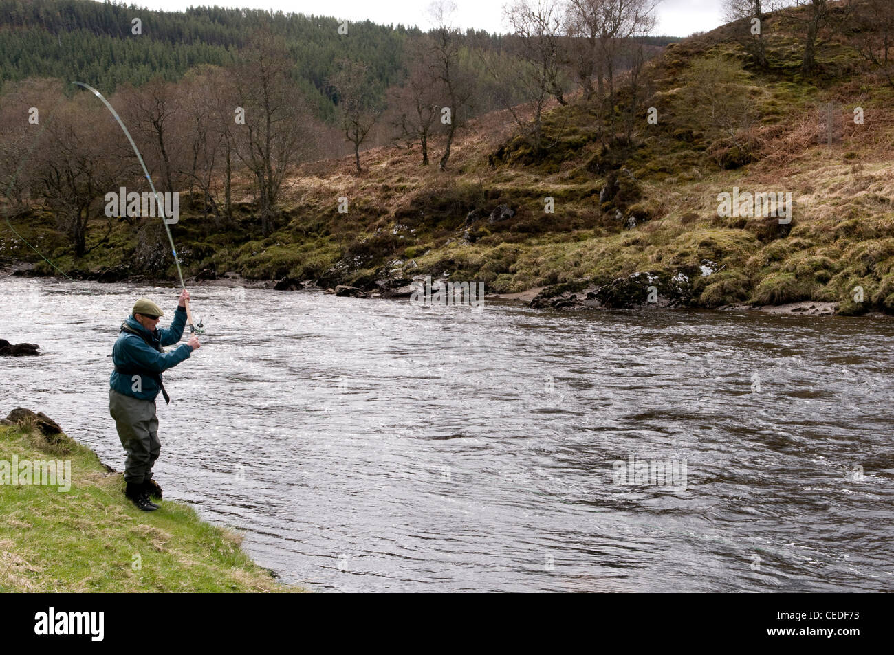 Man Salmon Fishing on the bank of the River Oykel, Sutherland, Scotland ...