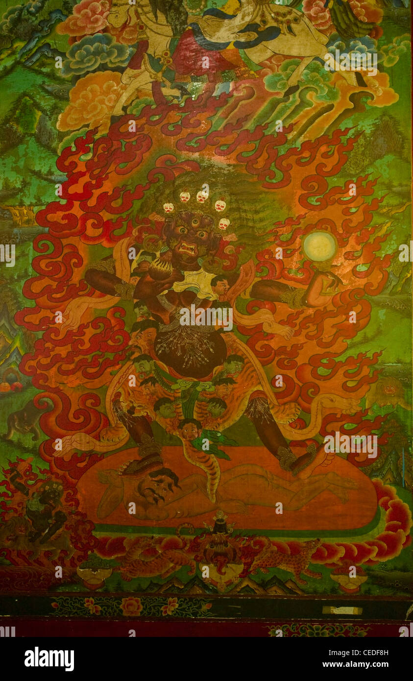 Wall mural painting in a monastery in Kalimpong, India. Age is over a ...