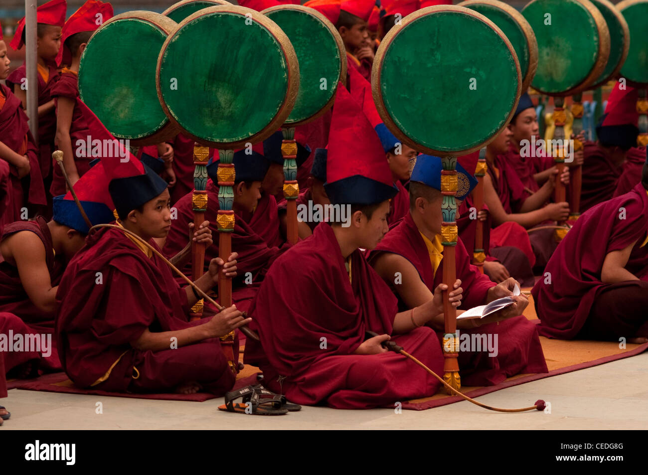 Buddhist Monks playing drums in a Losar ceremony, Sikkim, India Stock ...