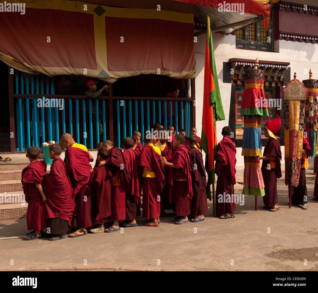 Buddhist monks at a Losar procession at a monastery in Sikkim, India ...