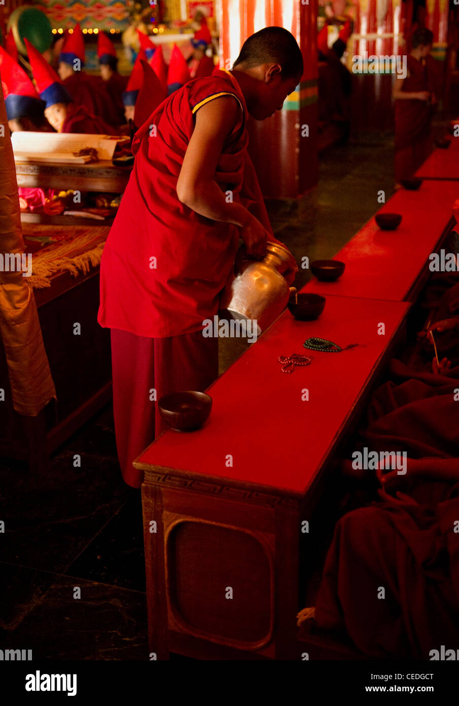 Buddhist Monk pouring tea for fellow monks during a chanting ceremony ...