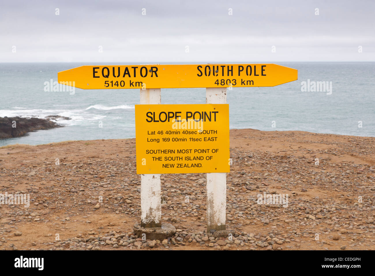 The sign at Slope Point, the southern most point of the South Island of ...