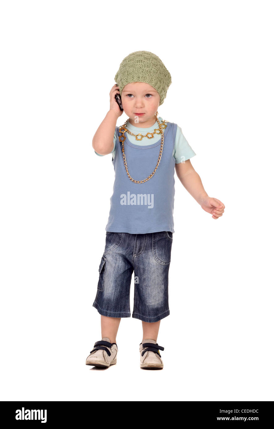 Little boy talking by the phone isolated on the white Stock Photo - Alamy