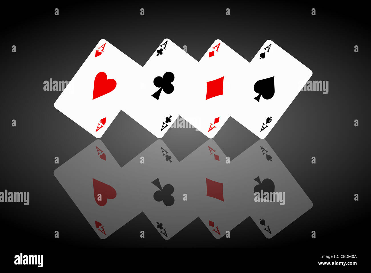 Illustrated four ace cards standing in formation on their corners and ...
