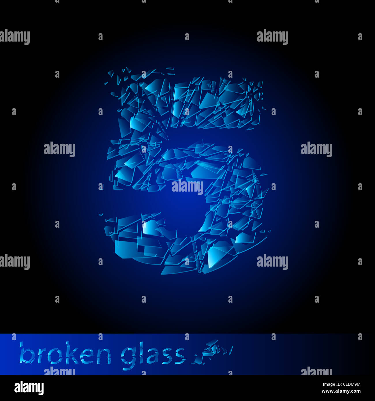 One symbol of broken glass - digit five. Illustration on black ...