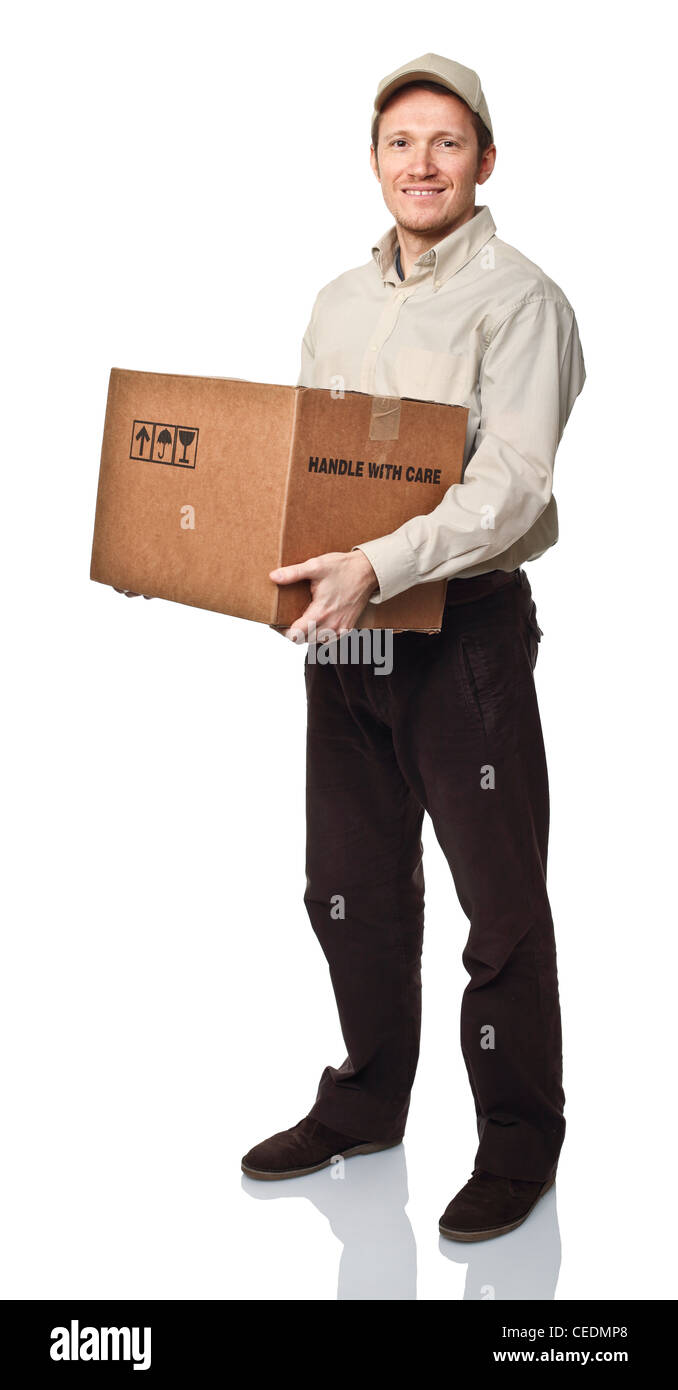 delivery man on white with box Stock Photo - Alamy
