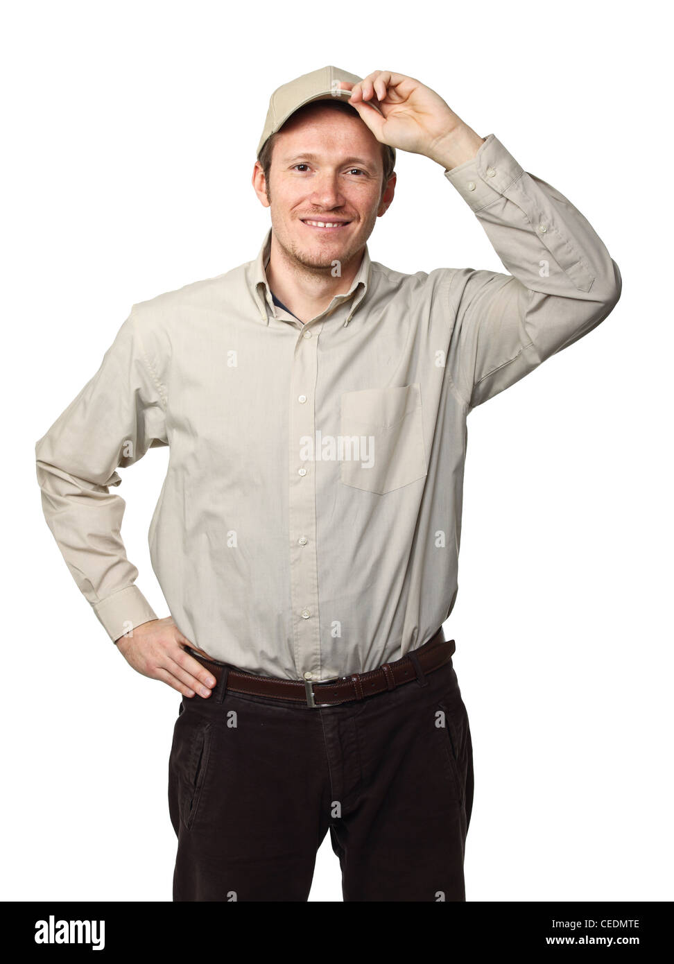 smiling delivery man isolated on white background Stock Photo - Alamy