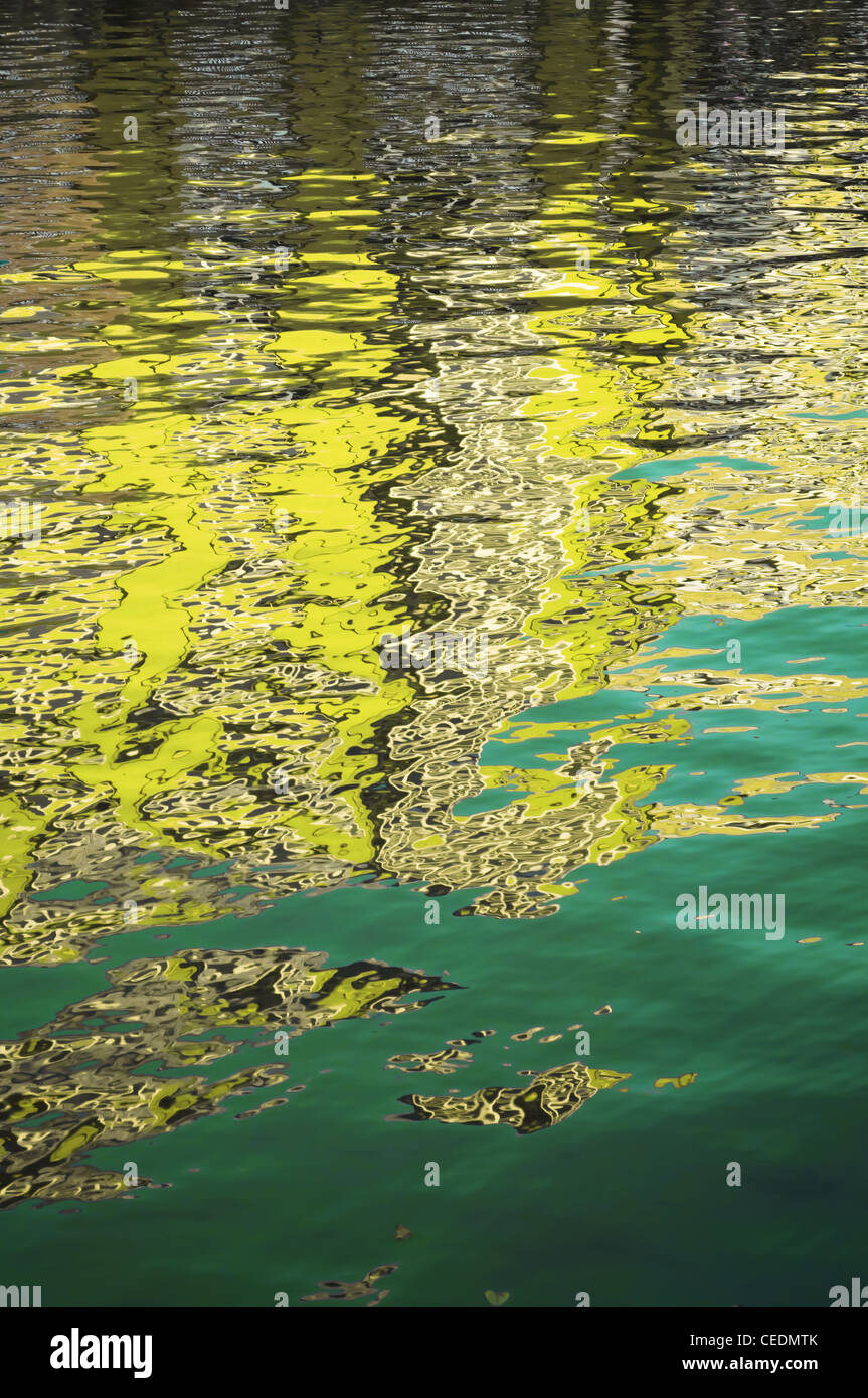 A gently rippled surface on a body of water reflecting yellow and green ...