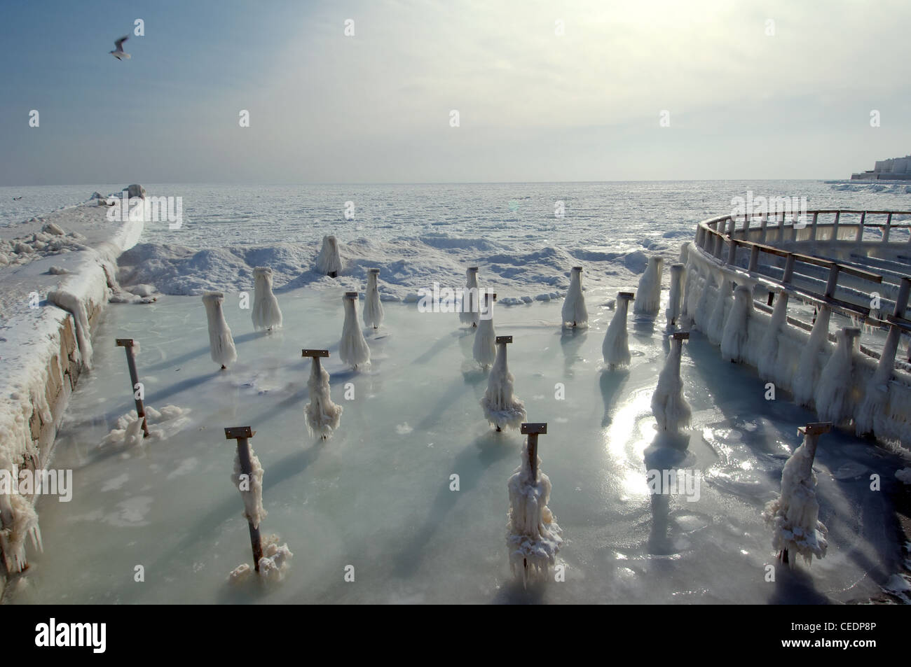 Icy pier, frozen Black Sea, a rare phenomenon, Odessa, Ukraine, Eastern ...