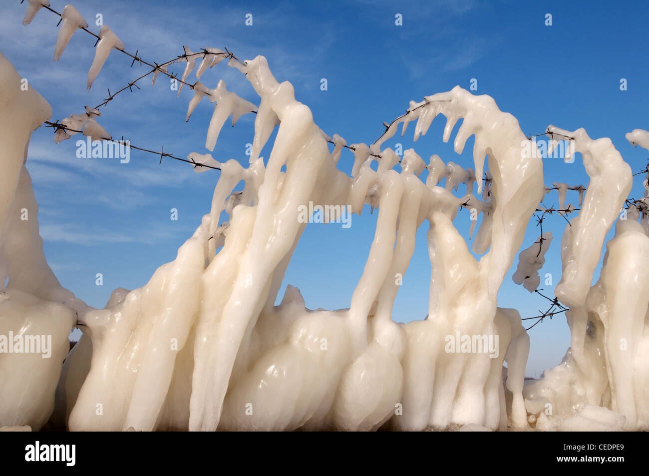 Icy, rusty box and sign, frozen Black Sea, a rare phenomenon, Odessa ...