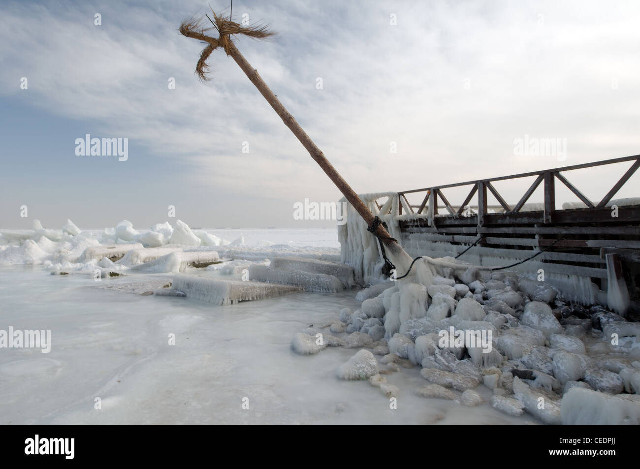 Icy pier, frozen Black Sea, a rare phenomenon, Odessa, Ukraine, Eastern ...