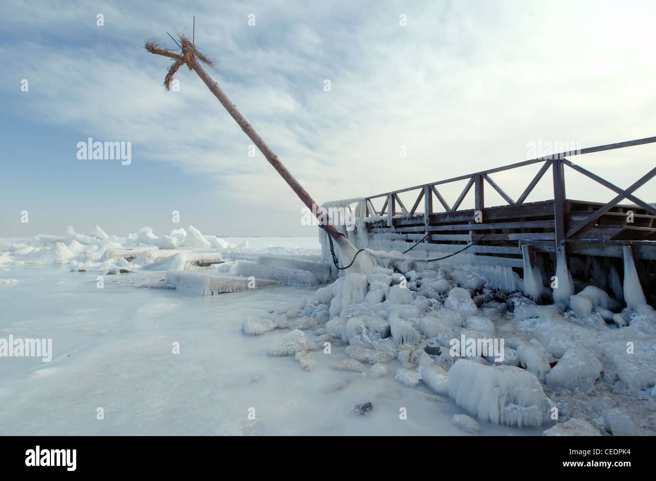Icy pier, frozen Black Sea, a rare phenomenon, Odessa, Ukraine, Eastern ...