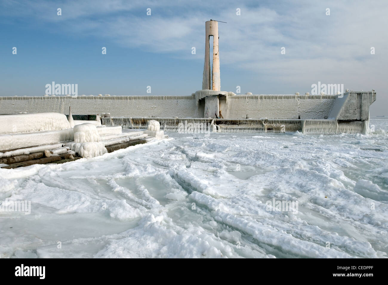 Icy pier, frozen Black Sea, a rare phenomenon, Odessa, Ukraine, Eastern ...