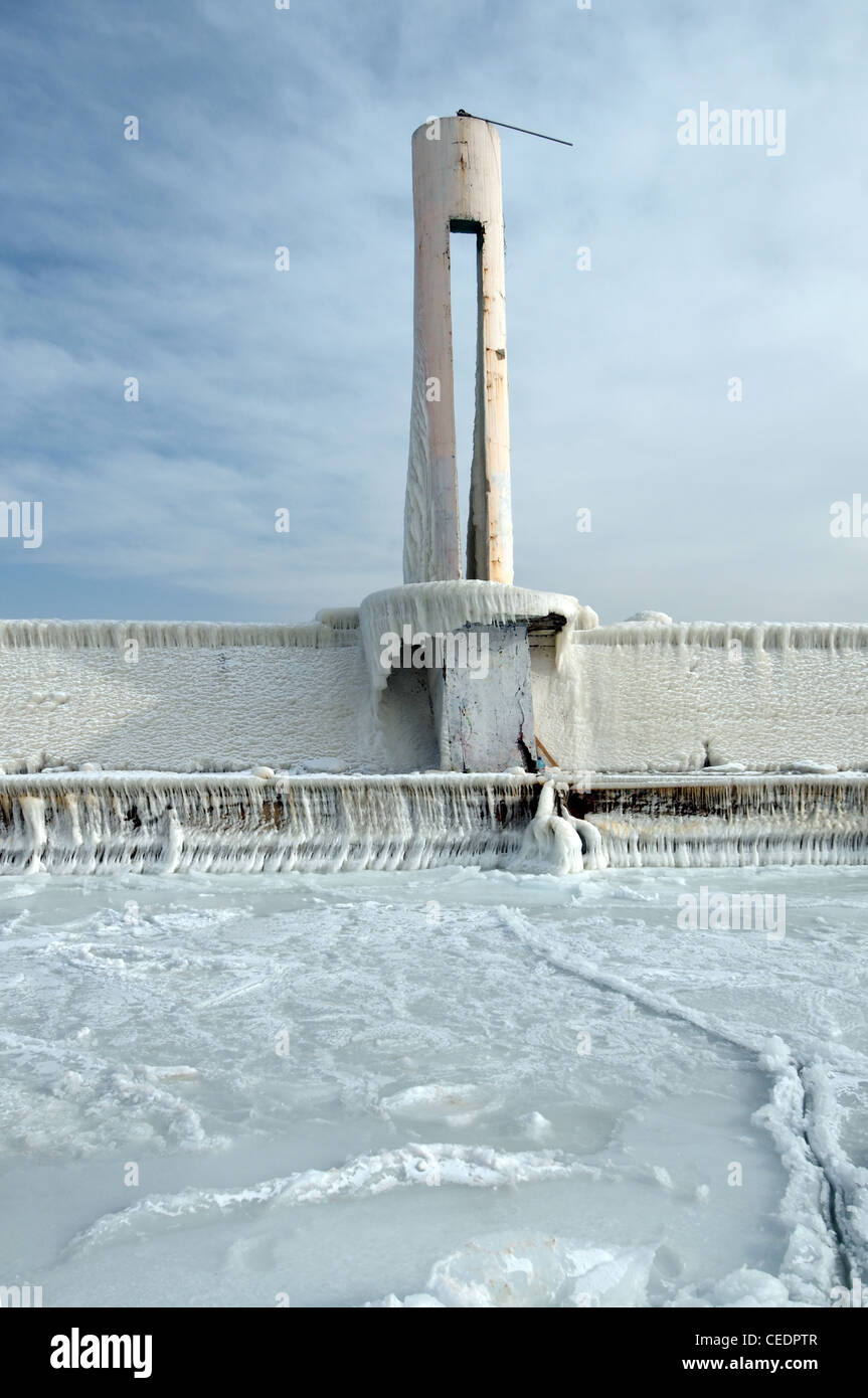 Icy pier, frozen Black Sea, a rare phenomenon, Odessa, Ukraine, Eastern ...