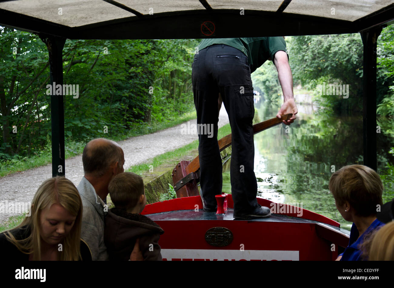 Inside horse-drawn barge on the Llangollen Canal in North Wales Stock ...