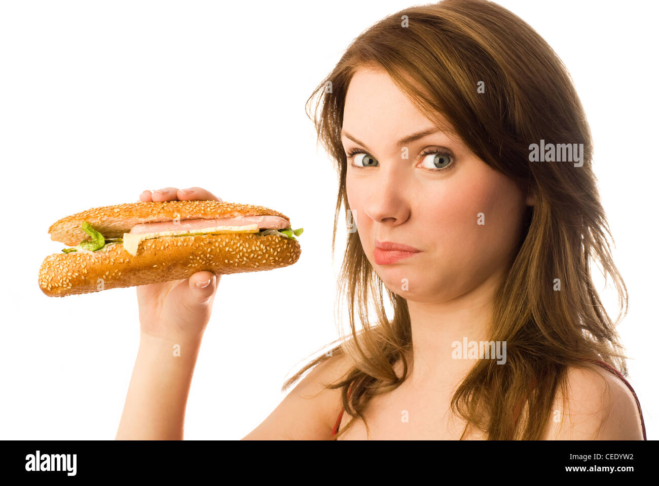 beautiful woman with a sandwich and apple Stock Photo - Alamy