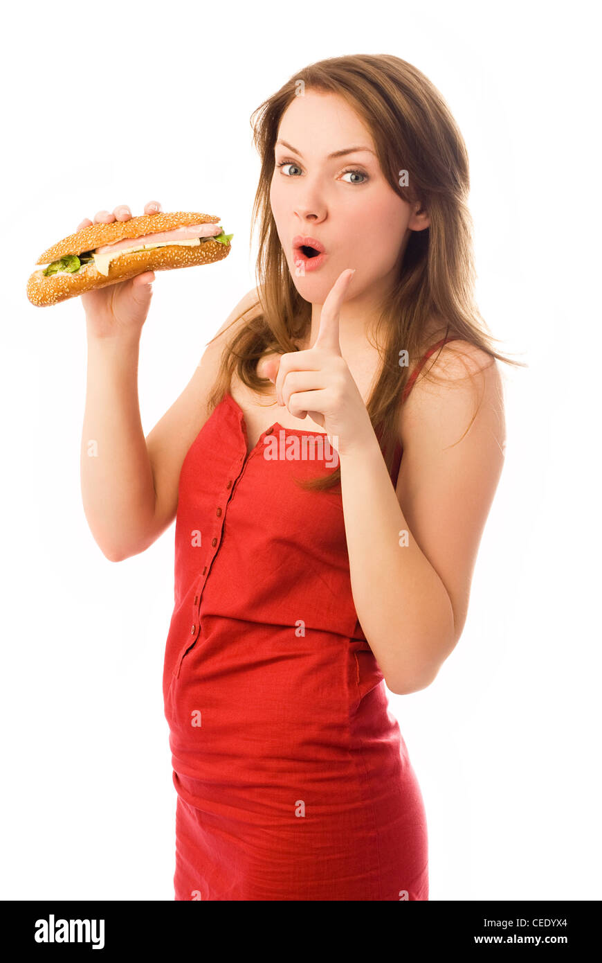 beautiful woman with a sandwich and apple Stock Photo - Alamy