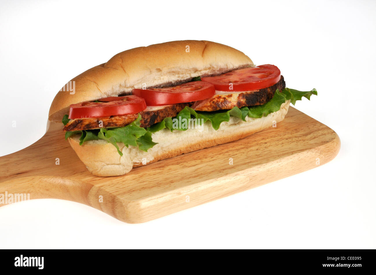 Rotisserie sliced chicken submarine sandwich with lettuce, tomatoes and ...