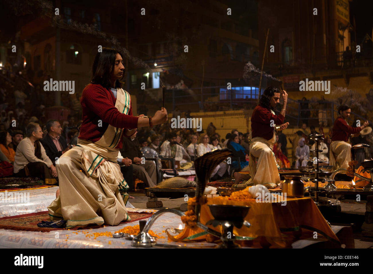 India, Uttar Pradesh, Varanasi, Dasaswamedh Ghat, Ganga Aarti vedic ...