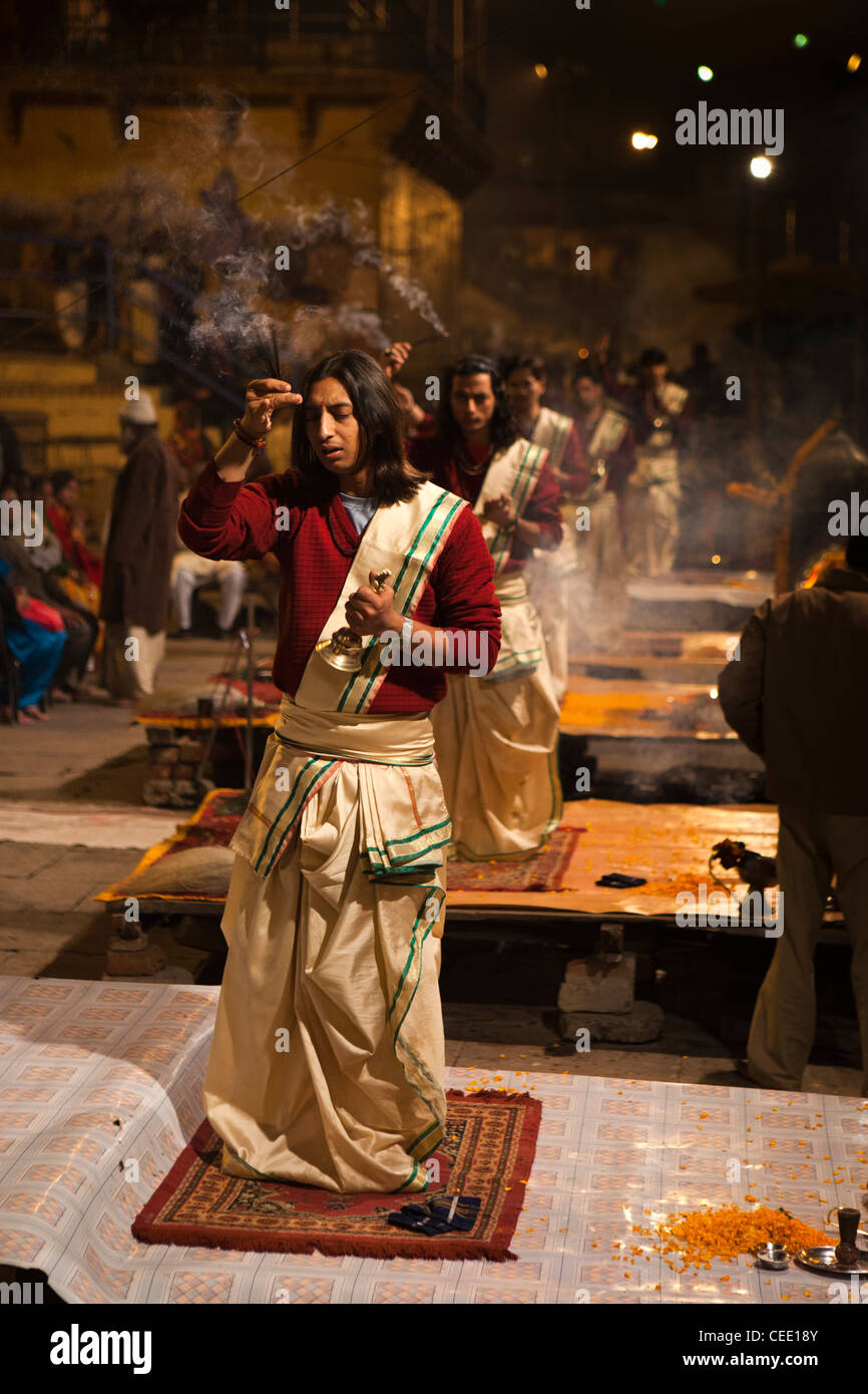 India, Uttar Pradesh, Varanasi, Dasaswamedh Ghat, Ganga Aarti vedic ...