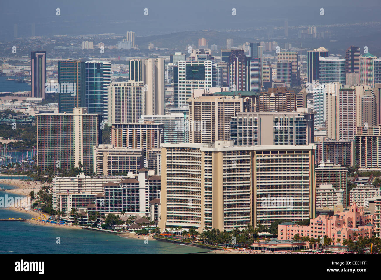 Tower blocks of Waikiki in Oahu Hawaii from the summit of Diamond Head ...