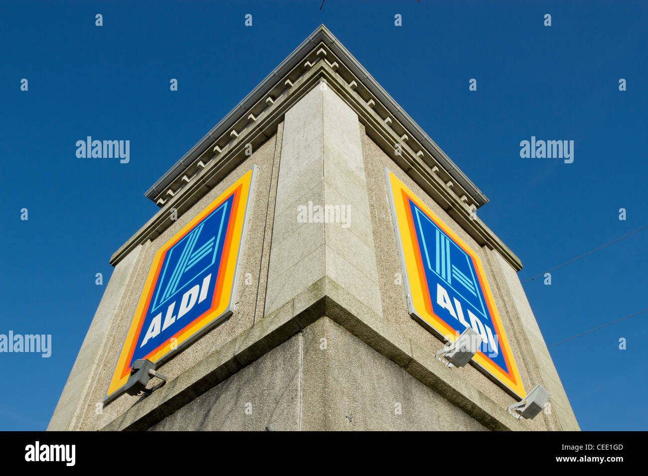 Aldi supermarket shop signs in Camborne, Cornwall UK Stock Photo - Alamy