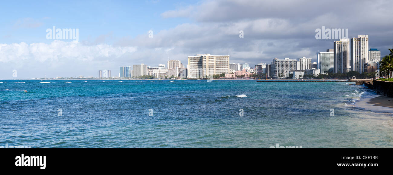 Panorama at sea level of the front at Waikiki in Oahu in Hawaii Stock ...