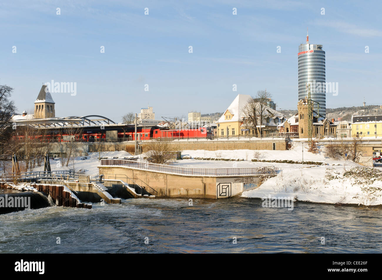 Hydropower plant on the Saale River in front of Jentower, Jena ...