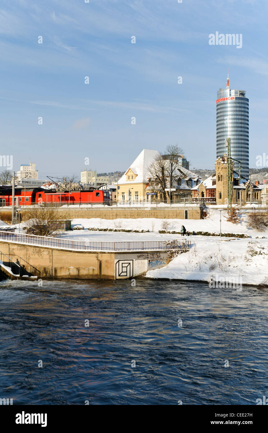 Bank of the Saale River in front of Jentower, Jena, Thuringia, Germany ...