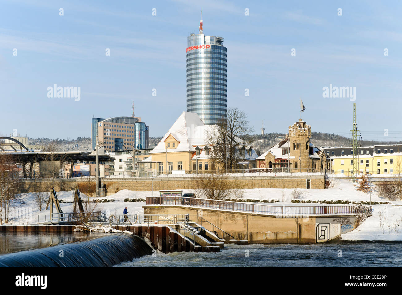 Hydropower plant on the Saale River in front of Jentower, Jena ...