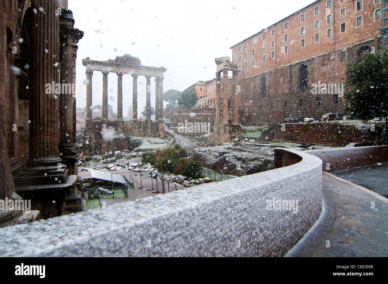 Snow covered view of the roman forum, Rome Italy Stock Photo - Alamy