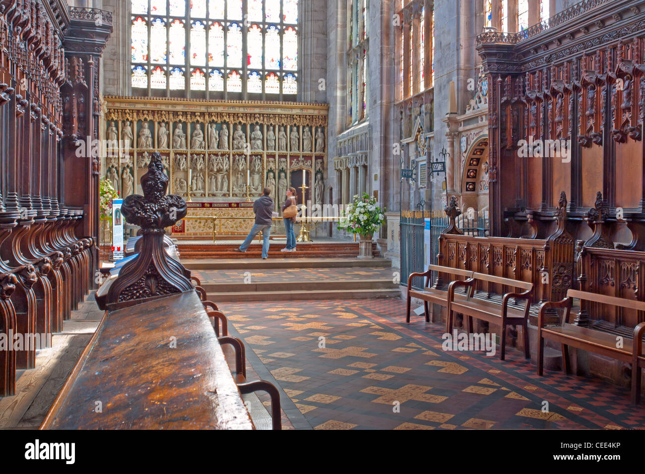Choir stalls, altar and west window in St Laurence's Church, Ludlow ...