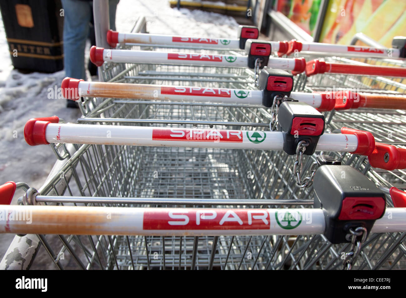 EUROSPAR SPAR coin operated shopping trolleys outside a supermarket ...