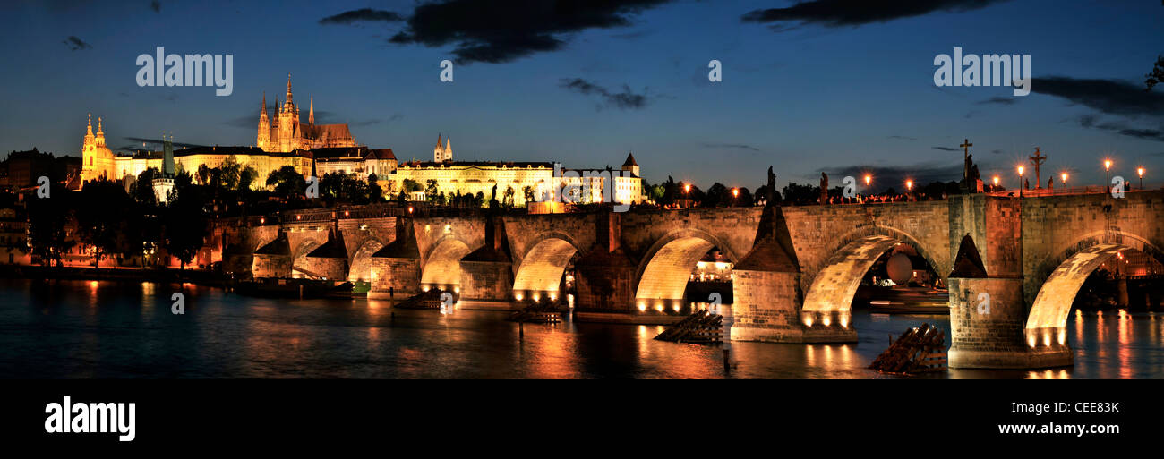 Panorama of the Old Prague Karl Bridge at Night Stock Photo - Alamy