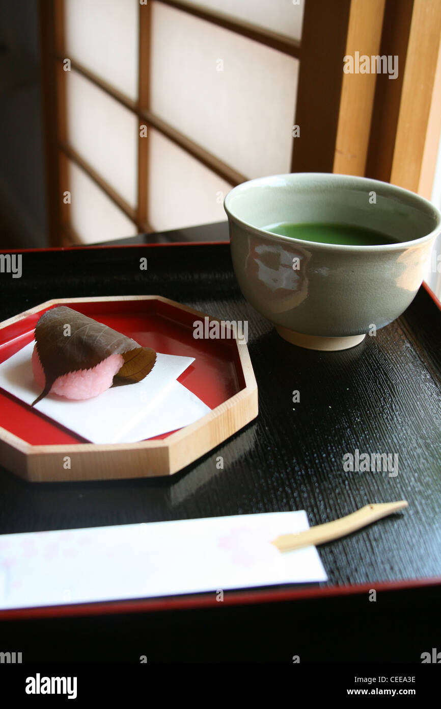 Traditional Japanese authentic sweets rice cake pink sakura mochi ...