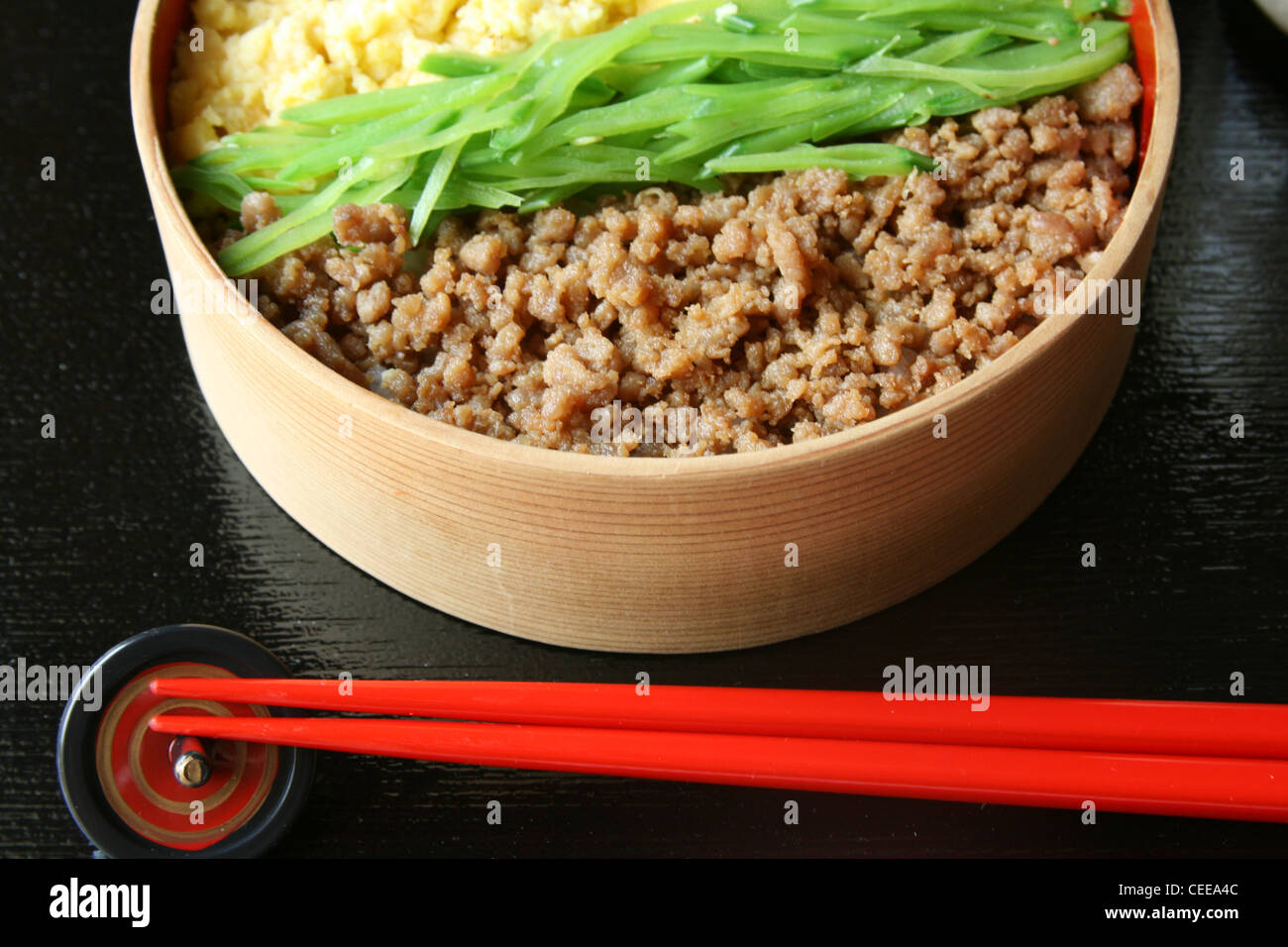 Authentic Japanese home style cuisine, dishes, bamboo bento box, brown ...