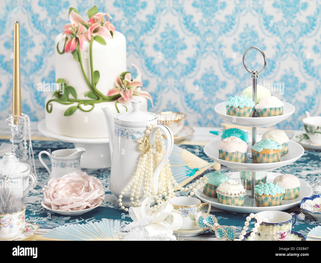 Luxurious tea party still life combining desserts and jewellery Stock ...
