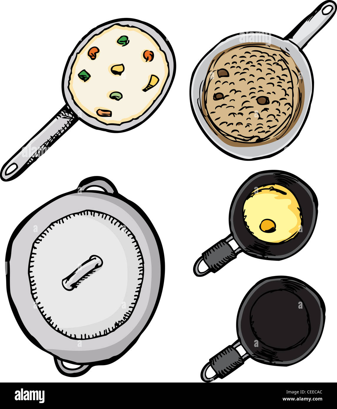 Top-view of pots and pans with food isolated over white Stock Photo - Alamy
