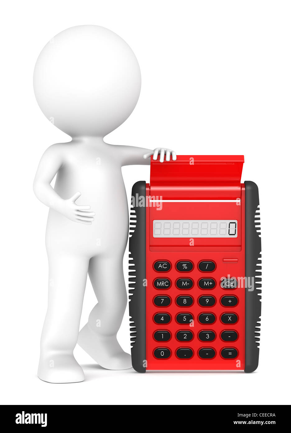 3d little human character with a Red Calculator. Semi transparent ...
