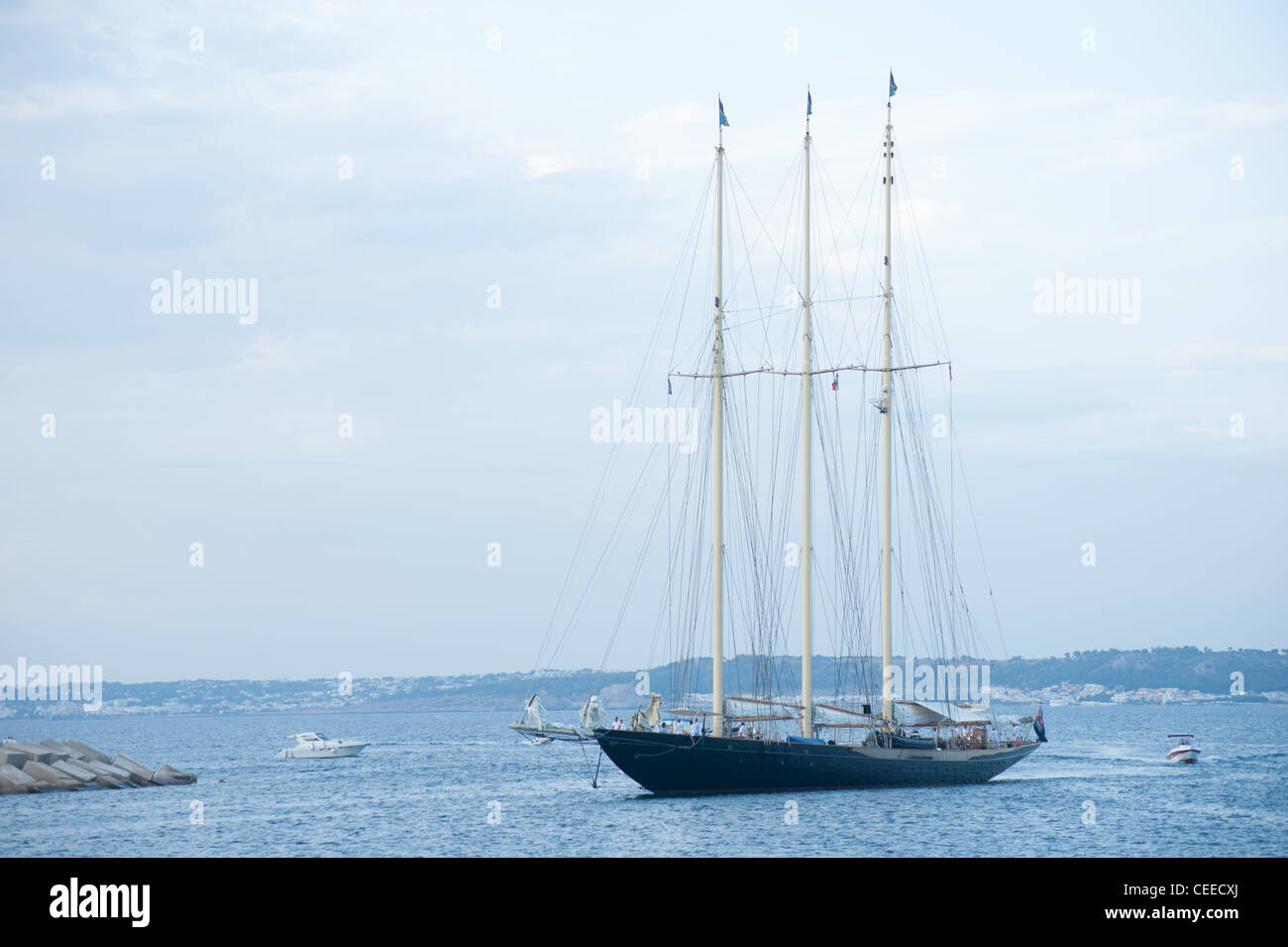 The schooner Atlantic approaching the Gallipoli port, Italy Stock Photo ...