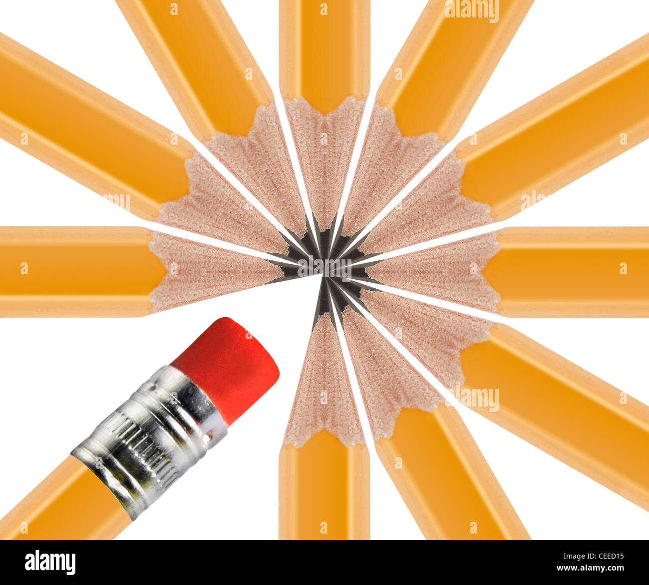 unSharpened pencil flipped in group of sharpened ones isolated on white ...