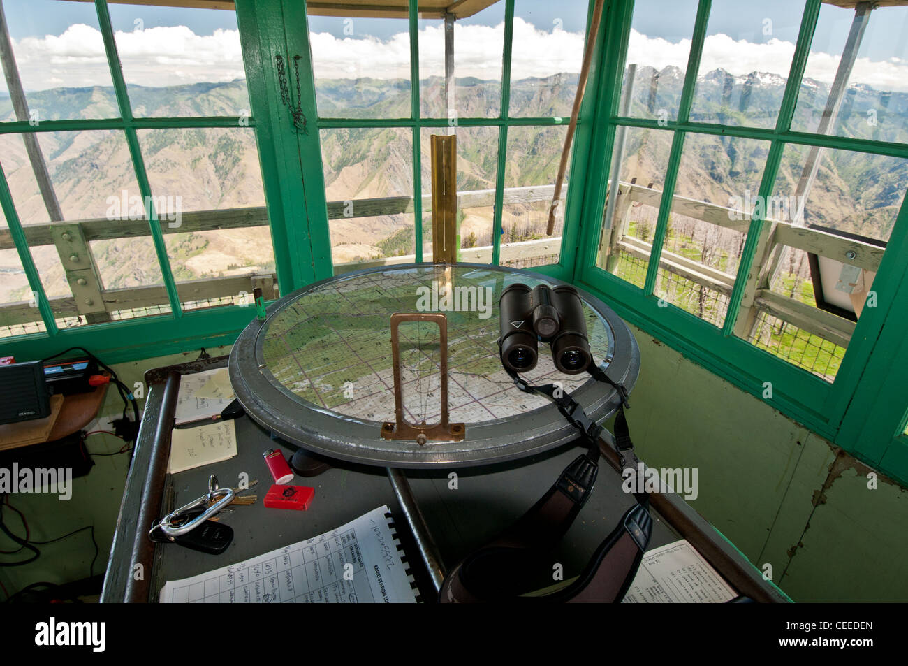 Interior of Hat Point fire lookout tower in the Hells Canyon National ...