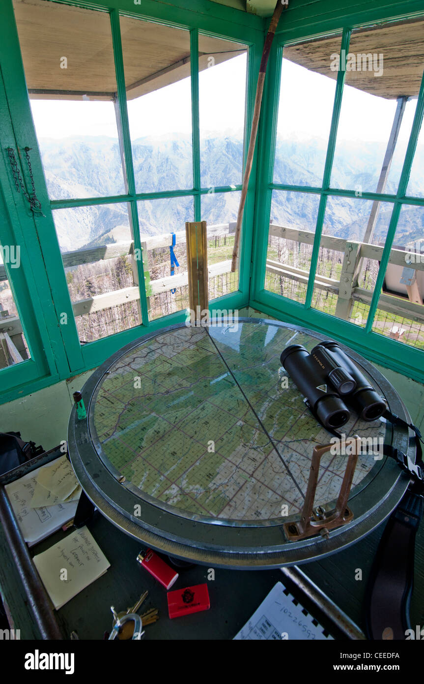 Interior of Hat Point fire lookout tower in the Hells Canyon National ...
