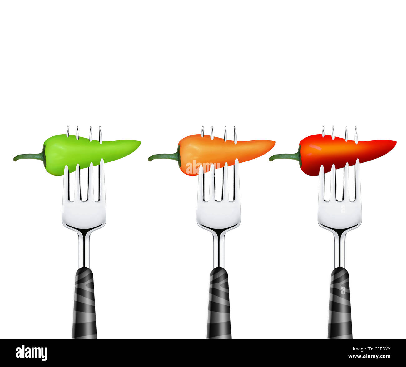 close up of Three chilies pierced by forks, isolated on white ...