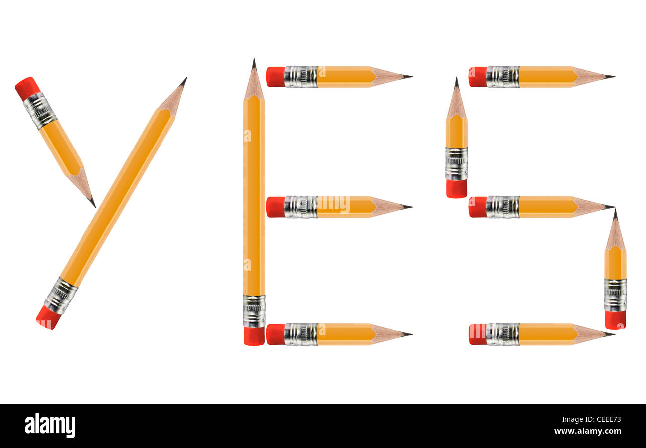 short Pencils isolated on white background arranged to spell Yes Stock ...