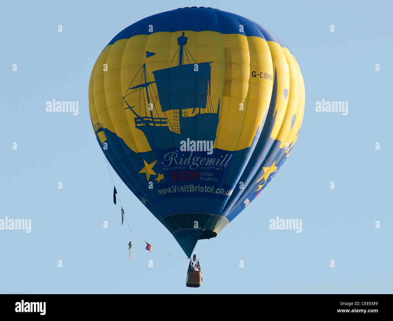 Blue and yellow Ridgemill hot air balloon with graphical sailing ship ...