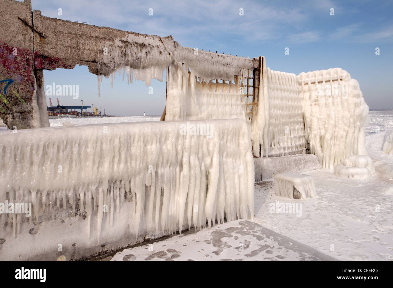 Icy pier, frozen Black Sea, a rare phenomenon, Odessa, Ukraine, Eastern ...