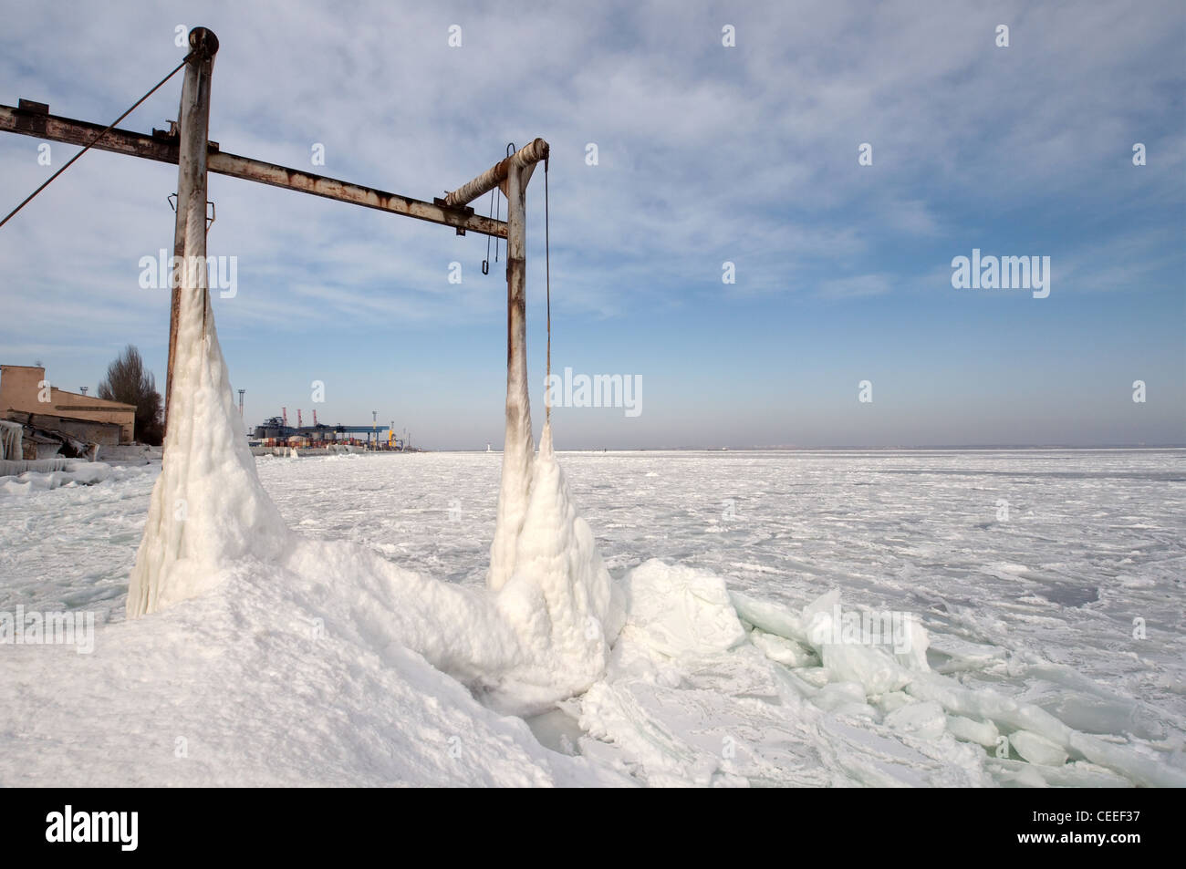 Icy pier, frozen Black Sea, a rare phenomenon, Odessa, Ukraine, Eastern ...