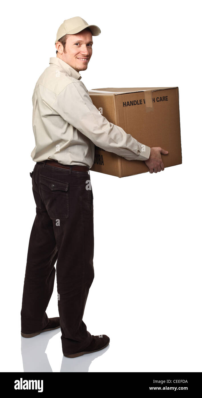 delivery man on duty white background Stock Photo - Alamy