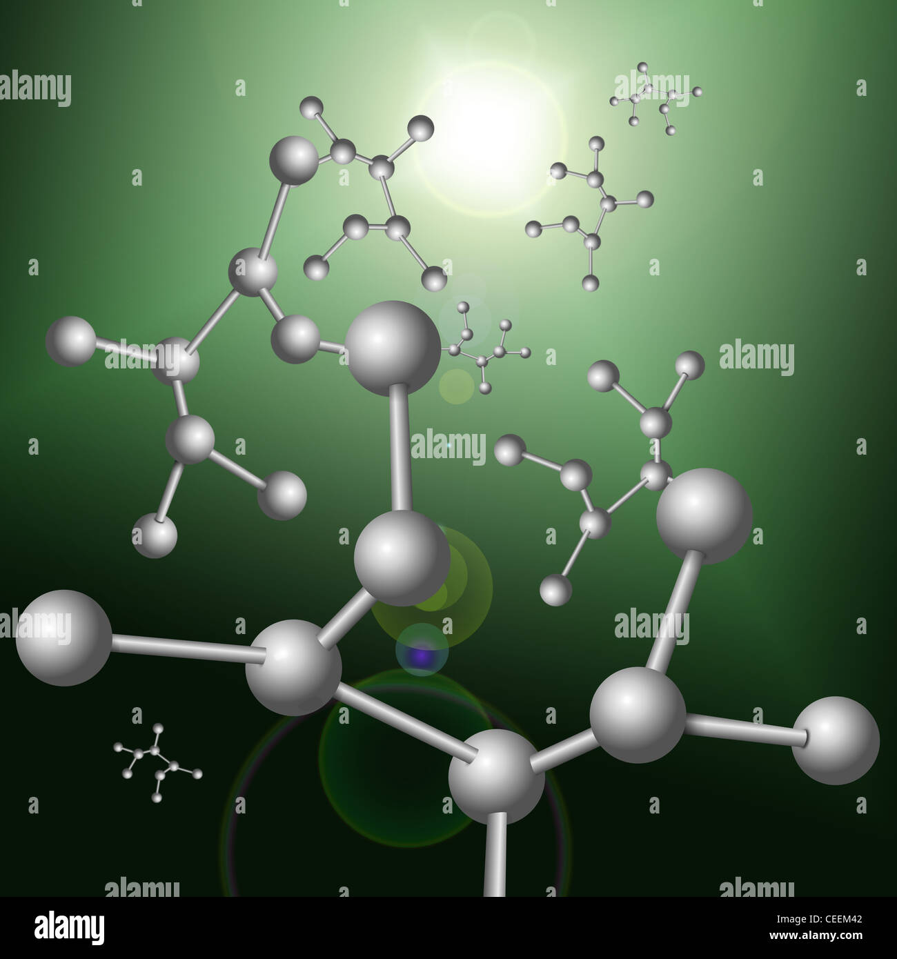 Illustration depicting molecular structure concept with green abstract ...